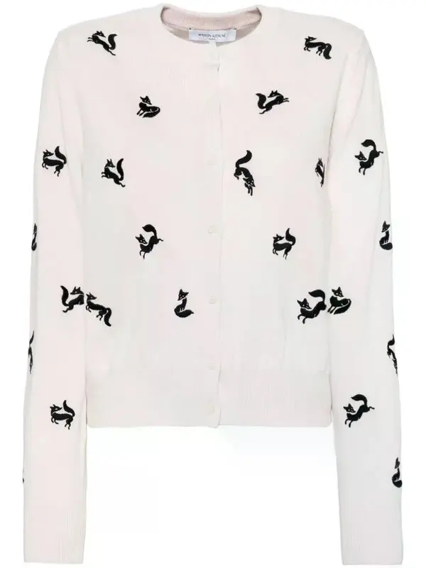 Maison Kitsuné Fox Embroidered Wool Blend Cardigan - Pink