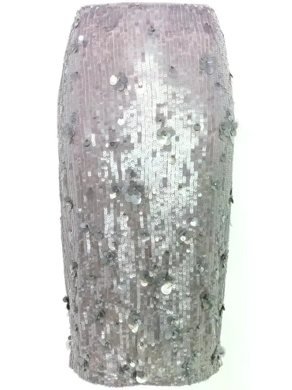 P.a.r.o.s.h Nickel Sequined Floral Appliqué Midi Skirt