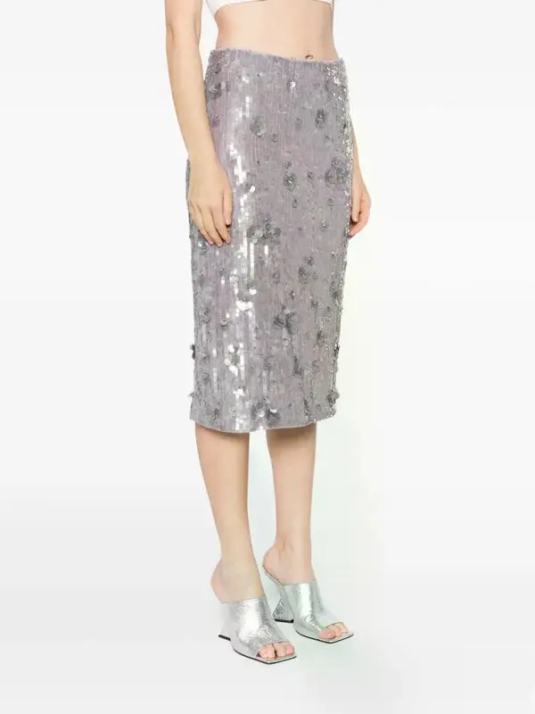 P.a.r.o.s.h Nickel Sequined Floral Appliqué Midi Skirt