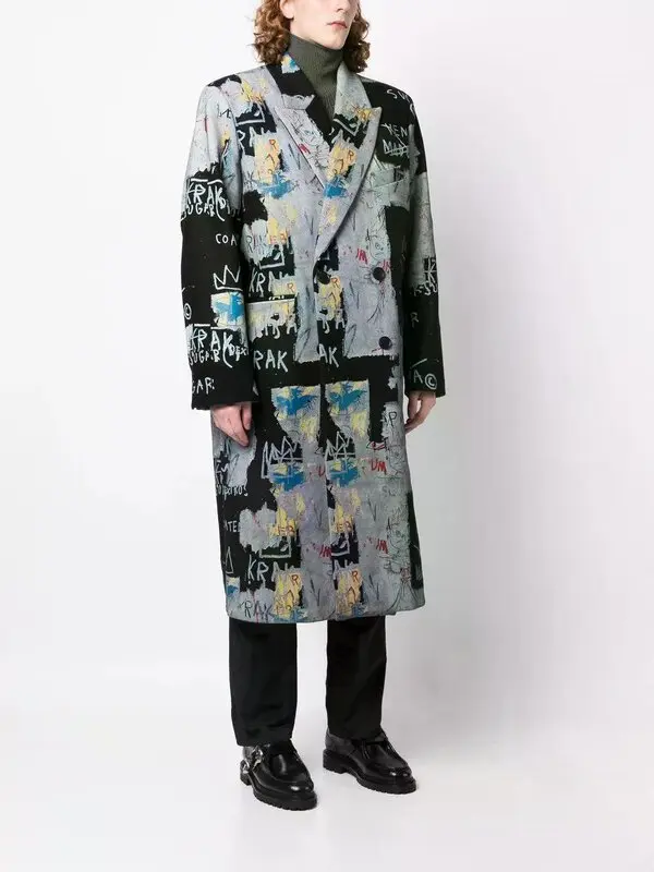 MISBHV Graphic-print Double-breasted Virgin Wool Blend Coat