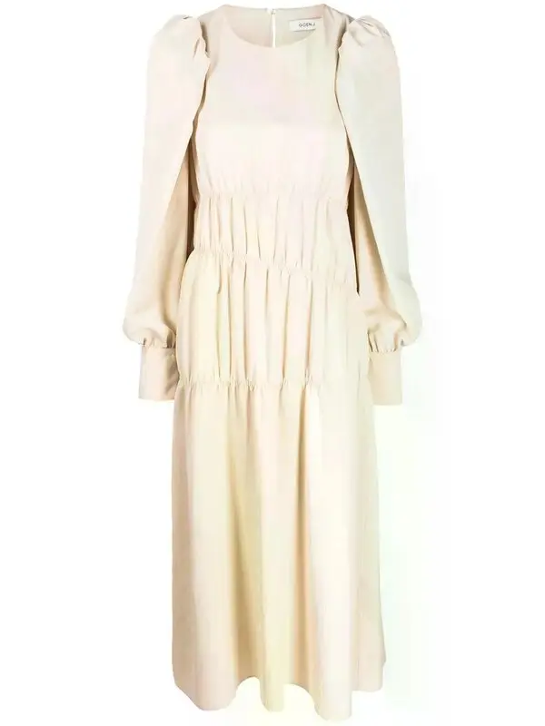 Goen.j Ruched Puffed-sleeve Midi Dress - Neutrals