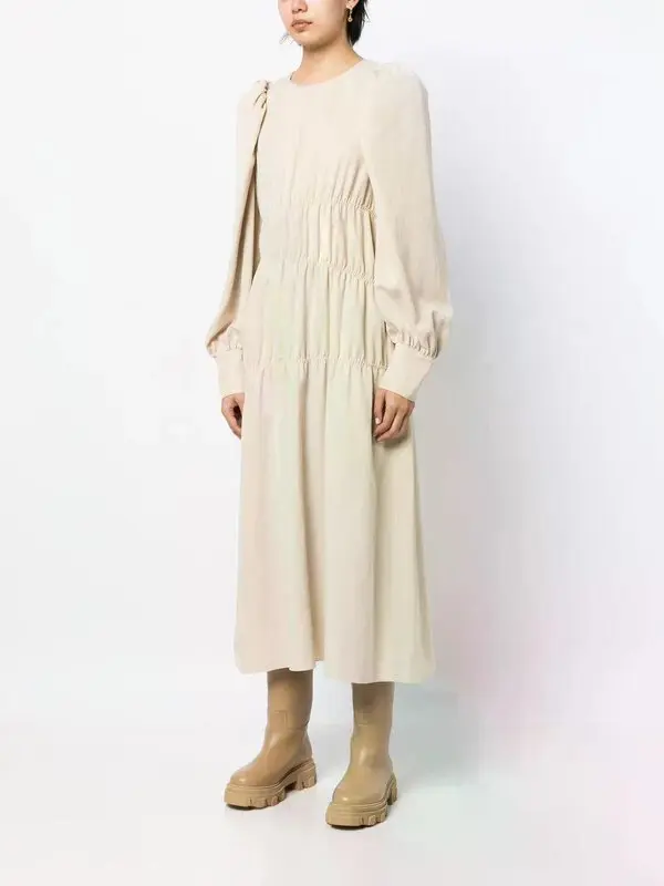 Goen.j Ruched Puffed-sleeve Midi Dress - Neutrals