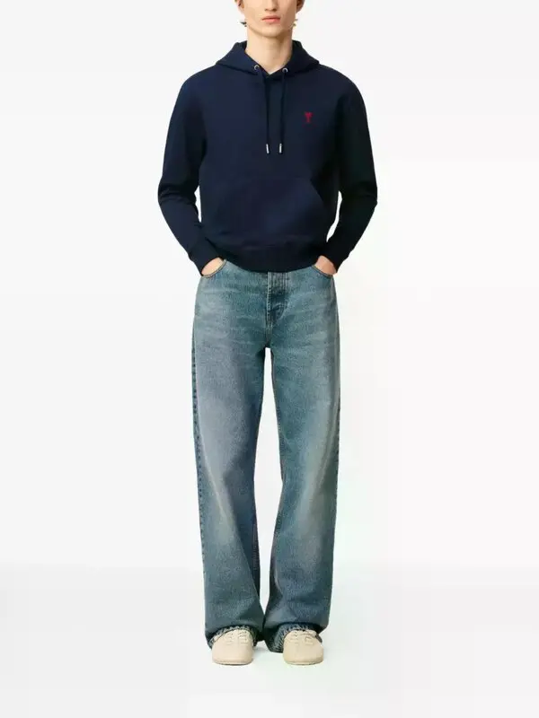 AMI Paris De Coeur Embroidered Cotton Hoodie - Blue