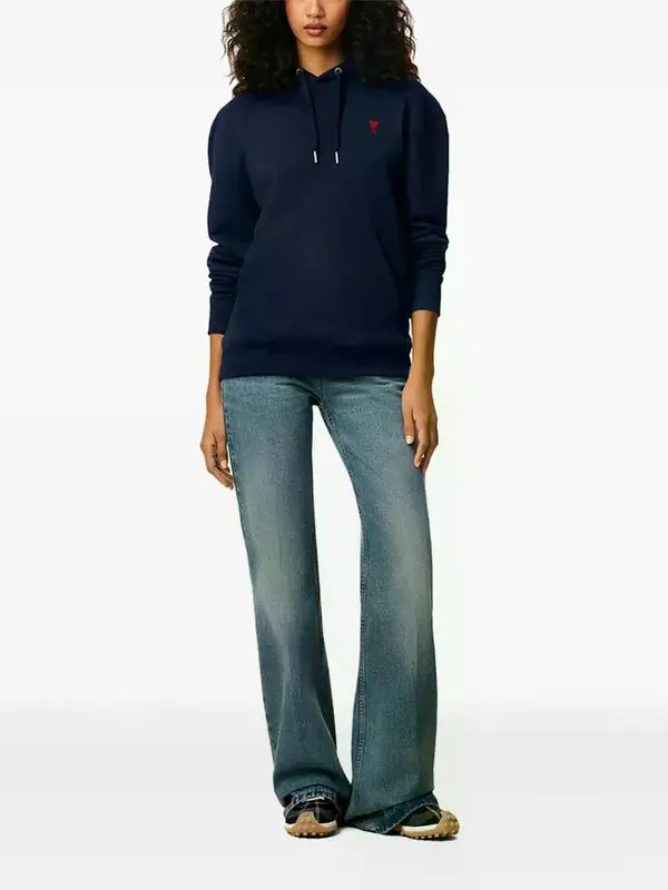 AMI Paris De Coeur Embroidered Cotton Hoodie - Blue