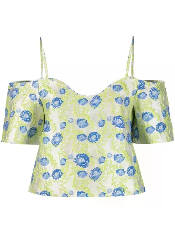 GANNI Floral Jacquard Off-shoulder Blouse - Grey