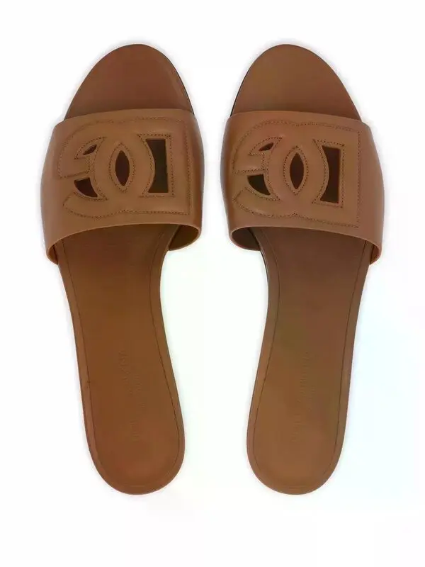 Dolce & Gabbana Dg Logo Calfskin Leather Slides - Brown