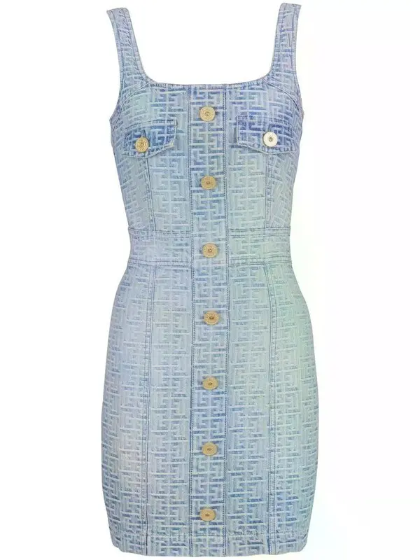 Balmain All-over Monogram Denim Dress