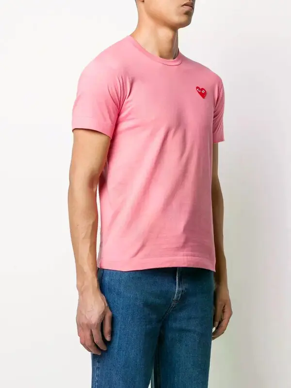 Play Comme Des Garcon Heart Embroidered Round Neck T-shirt - Pink