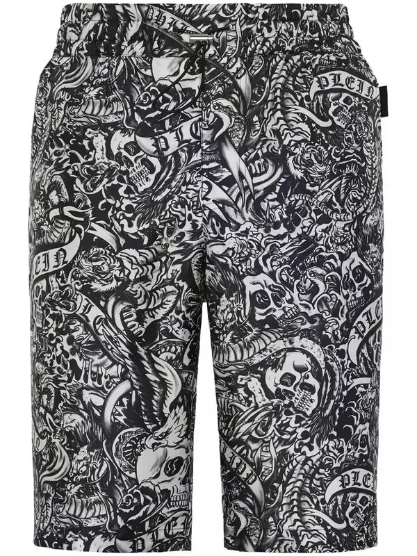 Philipp Plein Tattoo Print Silk Shorts - Black