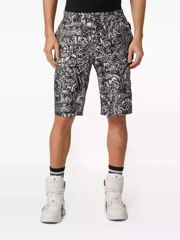 Philipp Plein Tattoo Print Silk Shorts