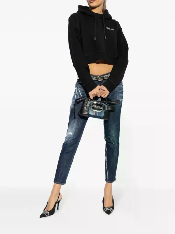 Dsquared2 Cropped Hoodie With Rhinestone Logo - Black
