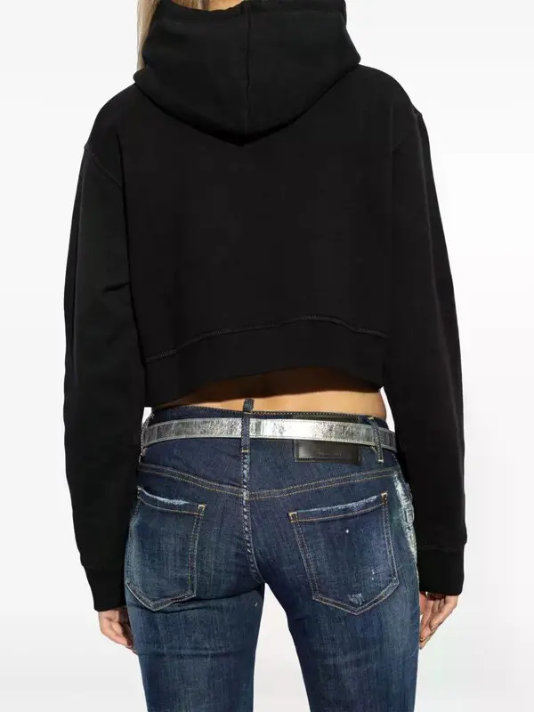 Dsquared2 Cropped Hoodie With Rhinestone Logo - Black