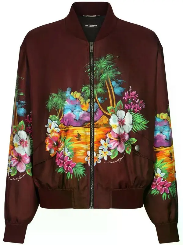 Dolce & Gabbana Island Print Silk Bomber Jacket - Red