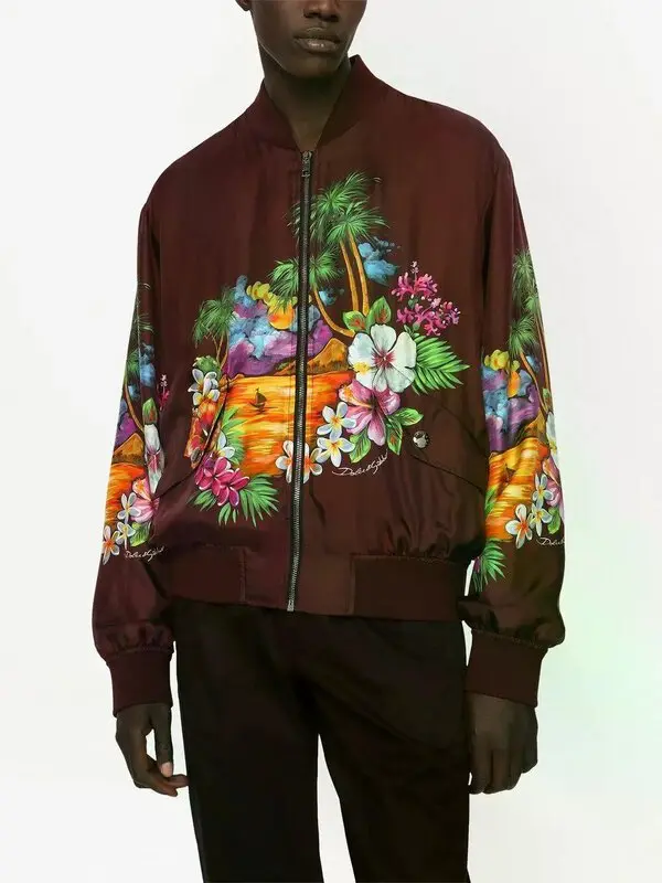 Dolce & Gabbana Island Print Silk Bomber Jacket