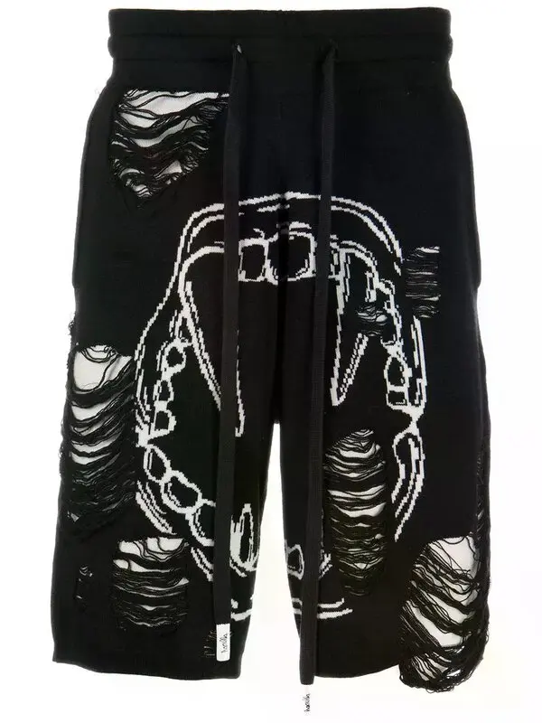 HACULLA. Distressed Intarsia Knit Track Shorts - Black