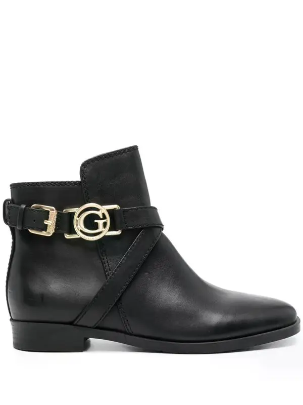 Guess Floriza Logo-plaque Leather Ankle Boots - Black