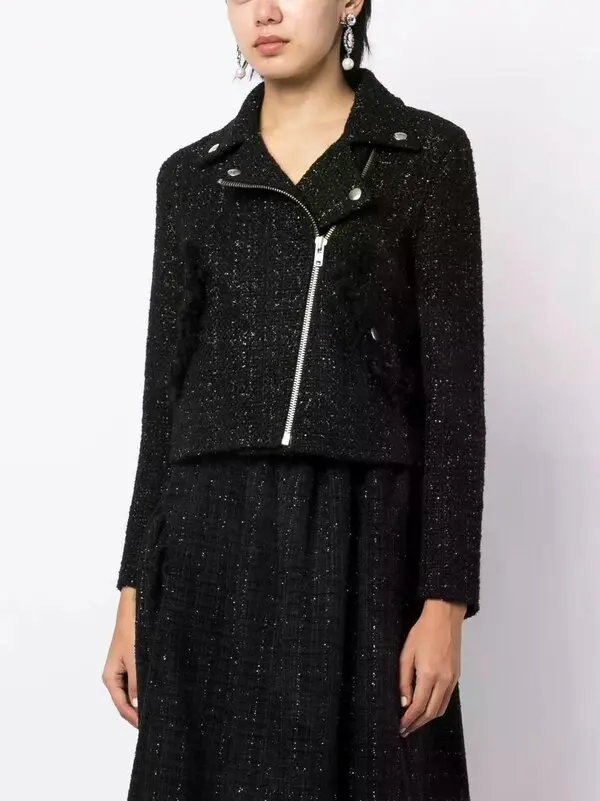 Goen.j Cropped Tweed Biker Jacket - Black