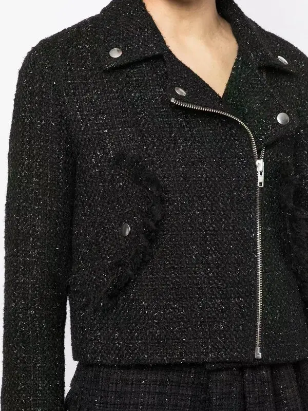 Goen.j Cropped Tweed Biker Jacket - Black