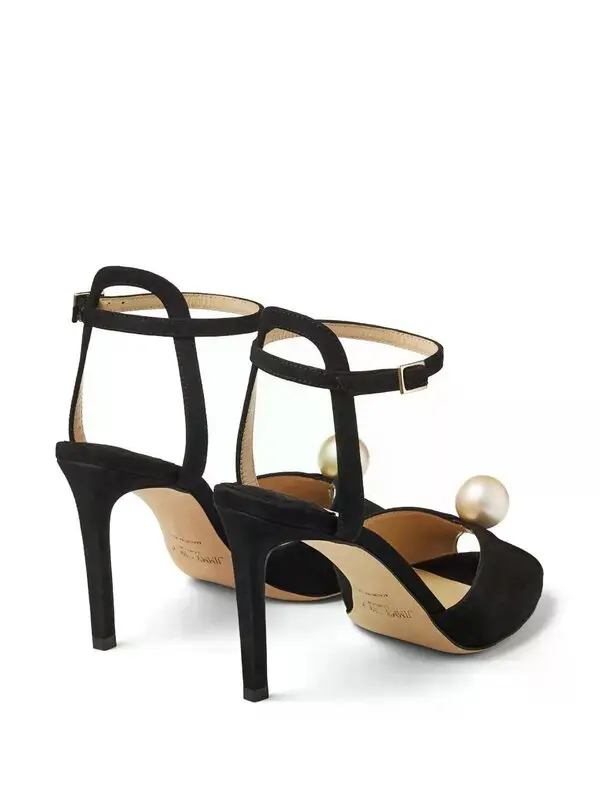 JIMMY CHOO Sacora 85mm Pearl Embellished Suede Sandals - Black
