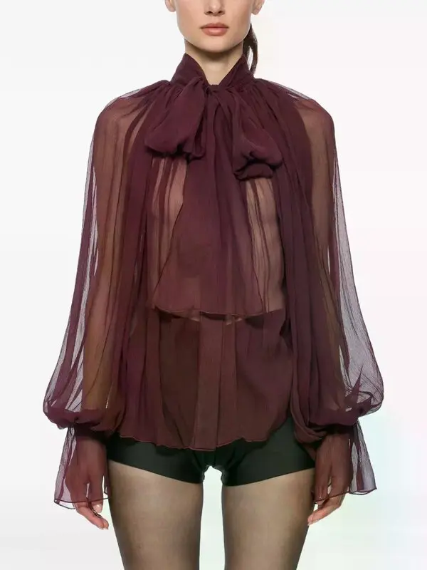 ATU BODY COUTURE Burgundy Silk Semi-sheer Tie-neck Blouse - Red