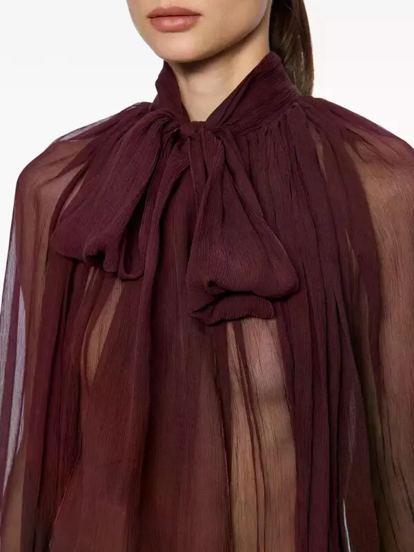 ATU BODY COUTURE Burgundy Silk Semi-sheer Tie-neck Blouse