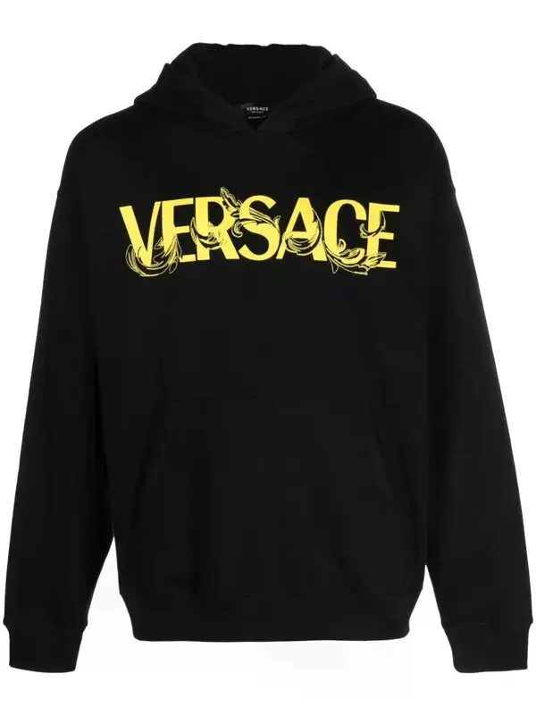 Versace Logo Print Cotton Hoodie - Black