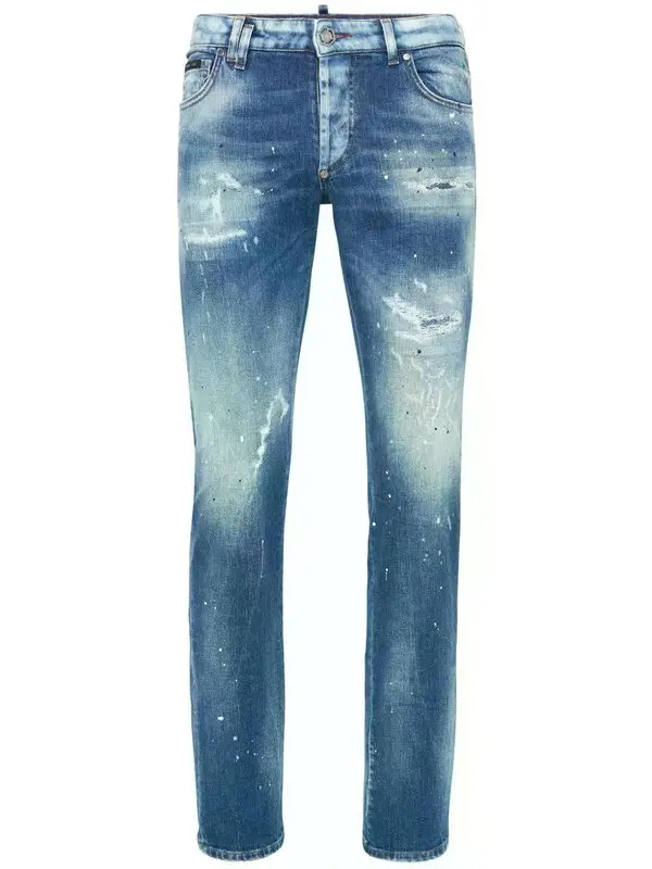 Philipp Plein Smiley Face Appliqué Distressed Jeans