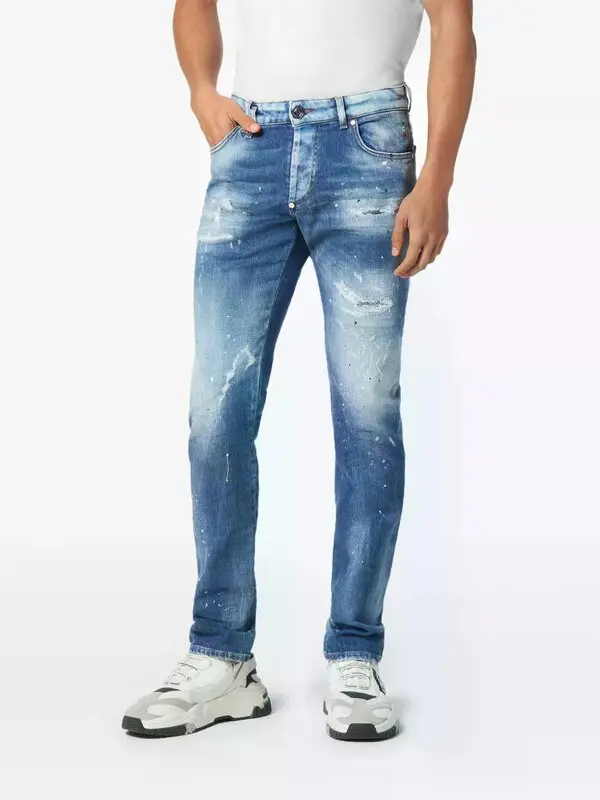 Philipp Plein Smiley Face Appliqué Distressed Jeans