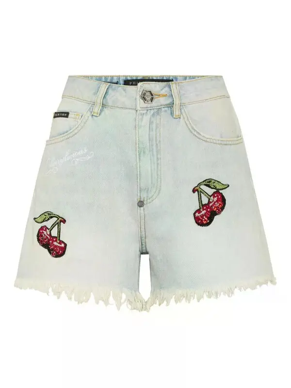 Philipp Plein Cherry Sequin Embroidered Denim Shorts
