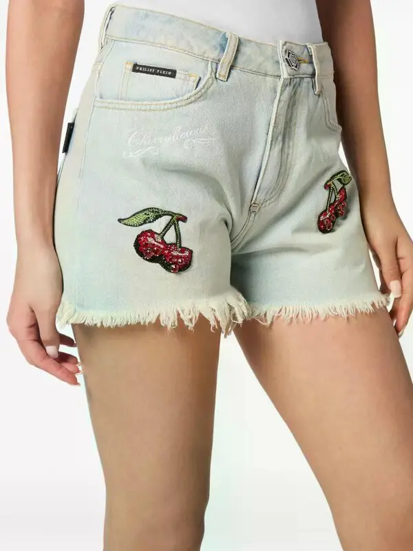 Philipp Plein Cherry Sequin Embroidered Denim Shorts