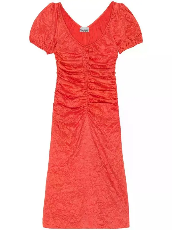 GANNI Ruched Midi Dress - Red