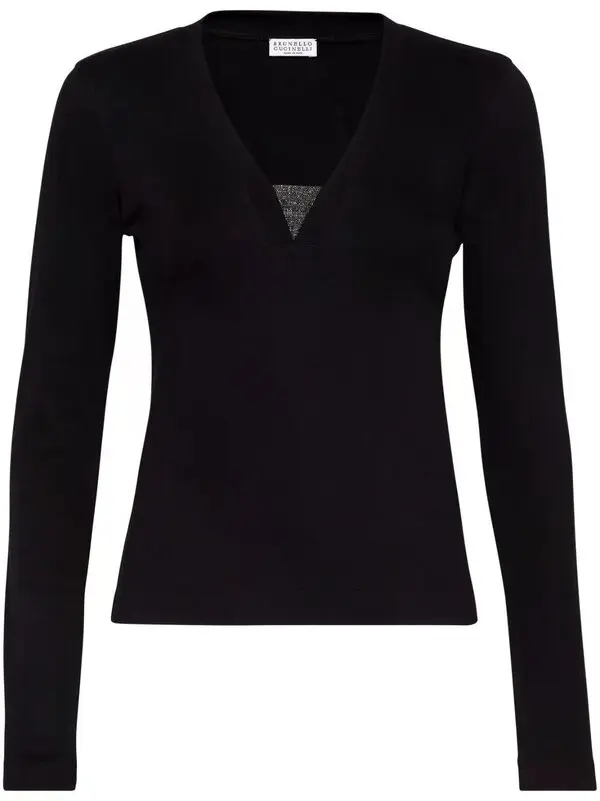 Brunello Cucinelli Monili Embellished V-neck T-shirt - Black