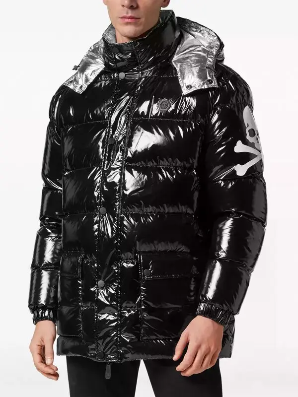 Philipp Plein Padded High-shine Coat With Skull Print And Detachable Hood