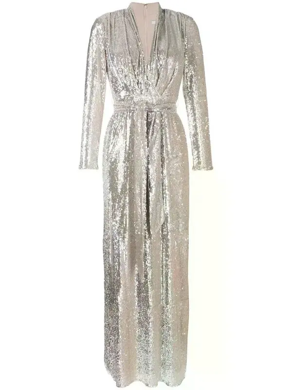 Badgley Mischka Plunge Sequin Column Gown - Silver