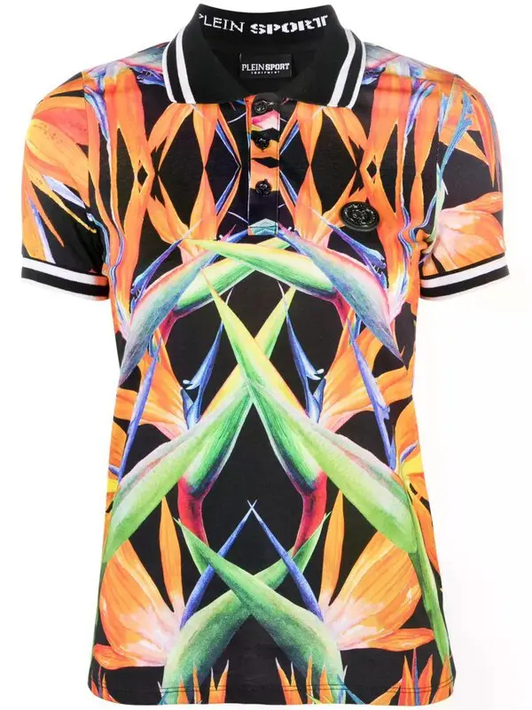 PLEIN SPORT Floral-print Cotton Polo Top - Black
