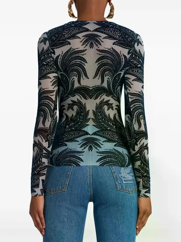 Etro Flocked Tulle Paisley Print Long Sleeve Top - Blue