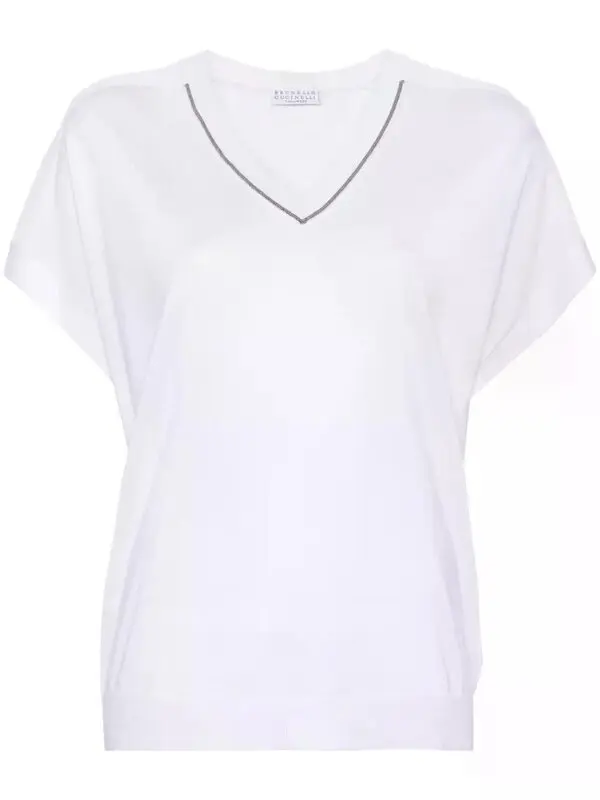 Brunello Cucinelli Fine-knit Top With Beaded Trim - White
