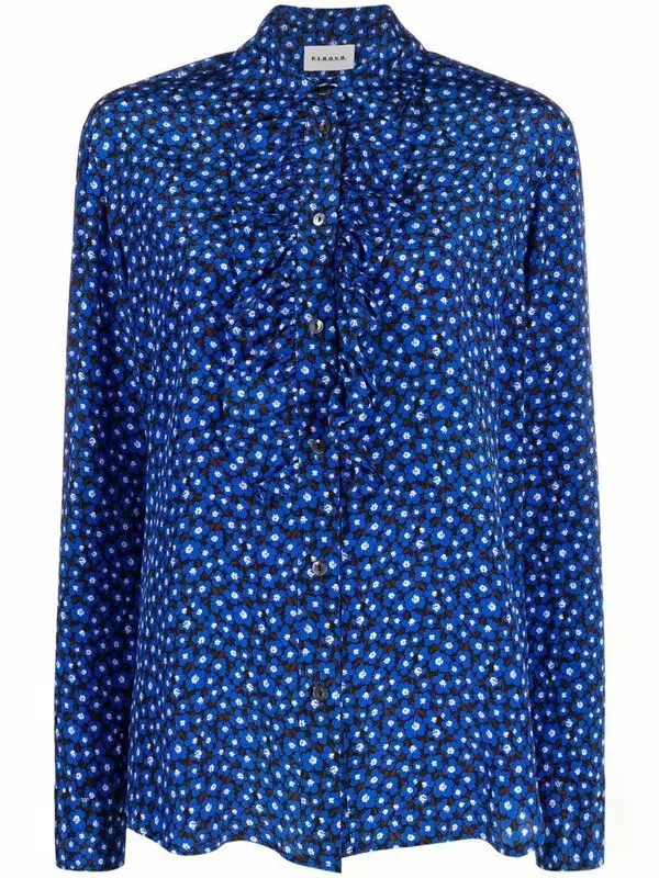 P.a.r.o.s.h Floral Print Ruffle Trimmed Shirt - Blue
