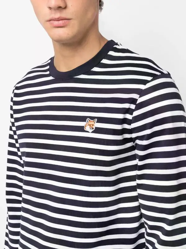 Maison Kitsuné Fox-motif Striped Cotton T-shirt - Blue