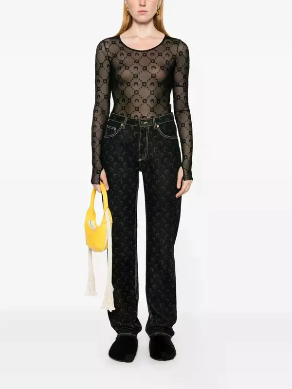 MARINE SERRE Flocked Monogram Mesh Crop Top - Black