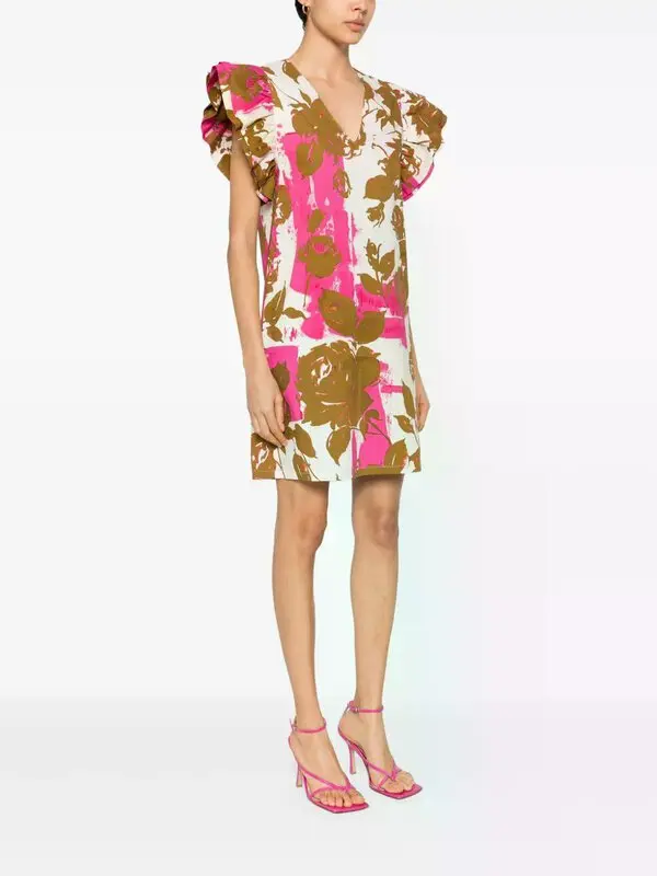 Liu Jo Poplin Mini Dress With Floral Print And Ruffled Cuffs