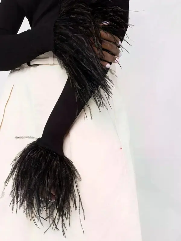 MANURI Elektra Feather-trimmed Long-sleeved Blouse - Black