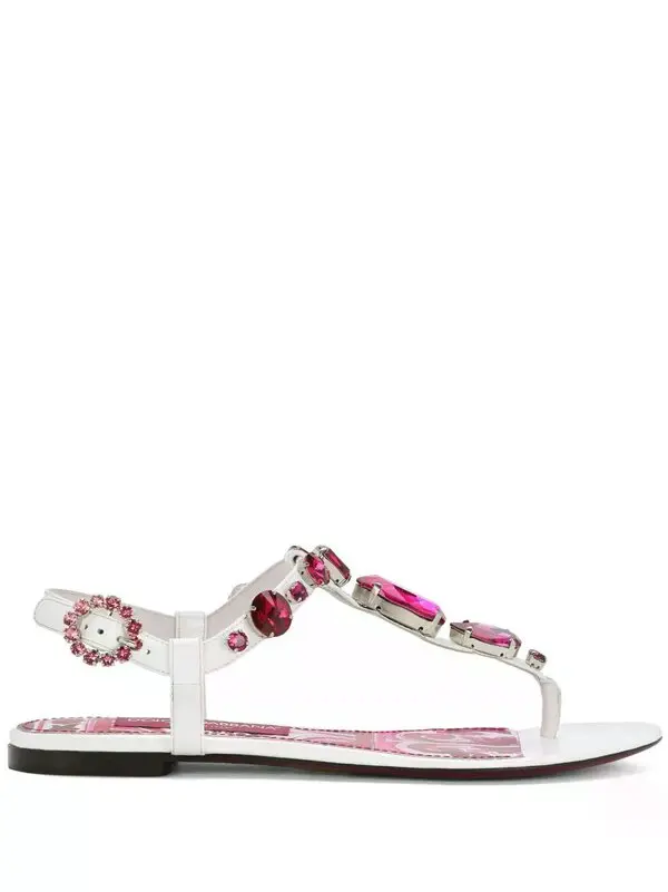 Dolce & Gabbana Majolica Print Crystal Embellished Sandals - White