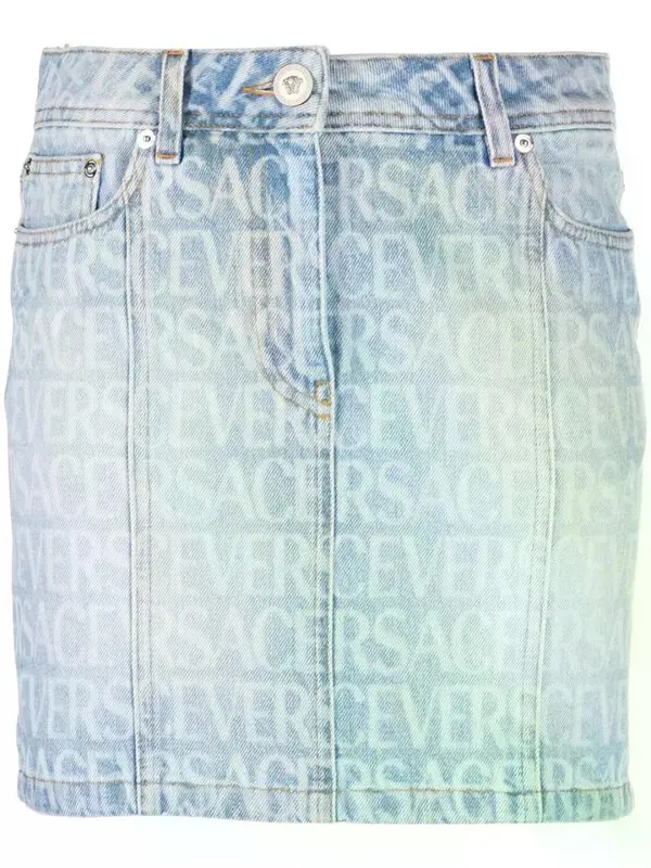 Versace All-over Logo Print Denim Mini Skirt - Blue