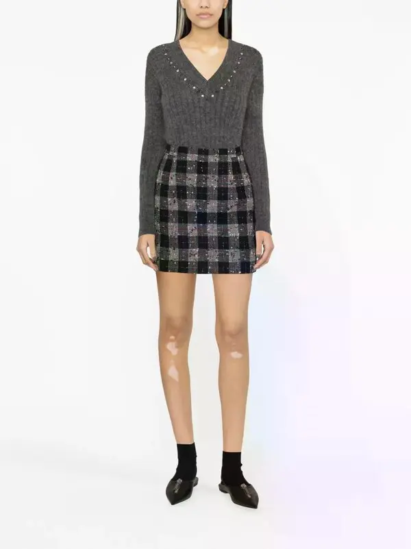 Alessandra Rich Embellished V-neck Ribbed Jumper - Grey