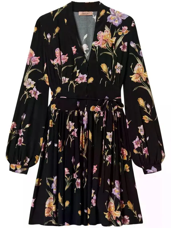 TWINSET Floral Print V-neck Long Sleeve Mini Dress - Black