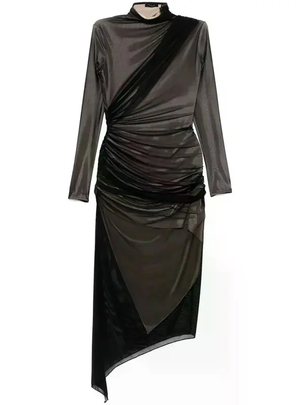 MUGLER Asymmetrical High Neck Ruched Midi Dress - Black