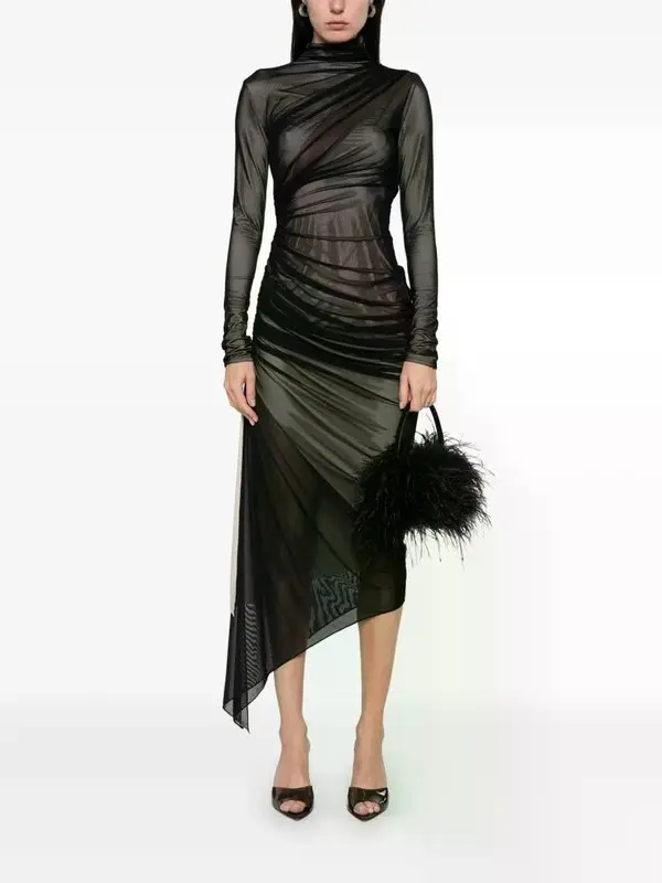 MUGLER Asymmetrical High Neck Ruched Midi Dress