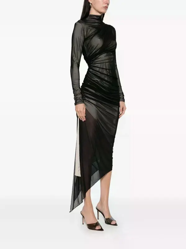 MUGLER Asymmetrical High Neck Ruched Midi Dress