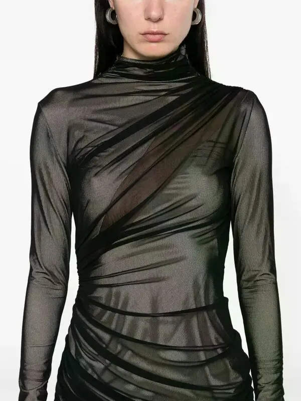 MUGLER Asymmetrical High Neck Ruched Midi Dress